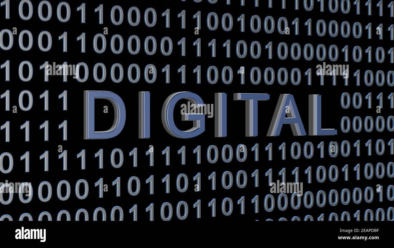 Digital Lettering Integrated Into A Binary Code Screen Colored In Dark Blue On Black Background