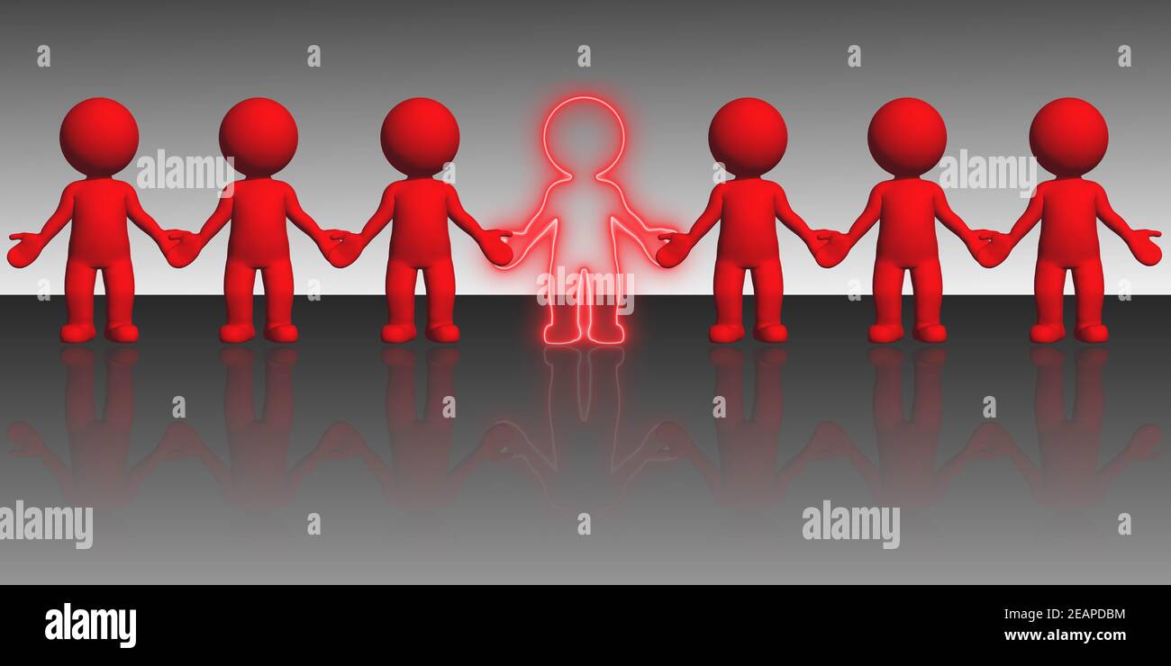 Miss you theme - line of red 3D people holding hands - one missing in ...