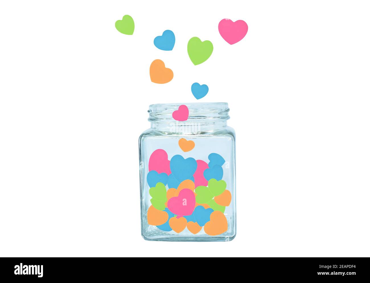 colorful heart paper floating in glass bottle on white background Stock ...