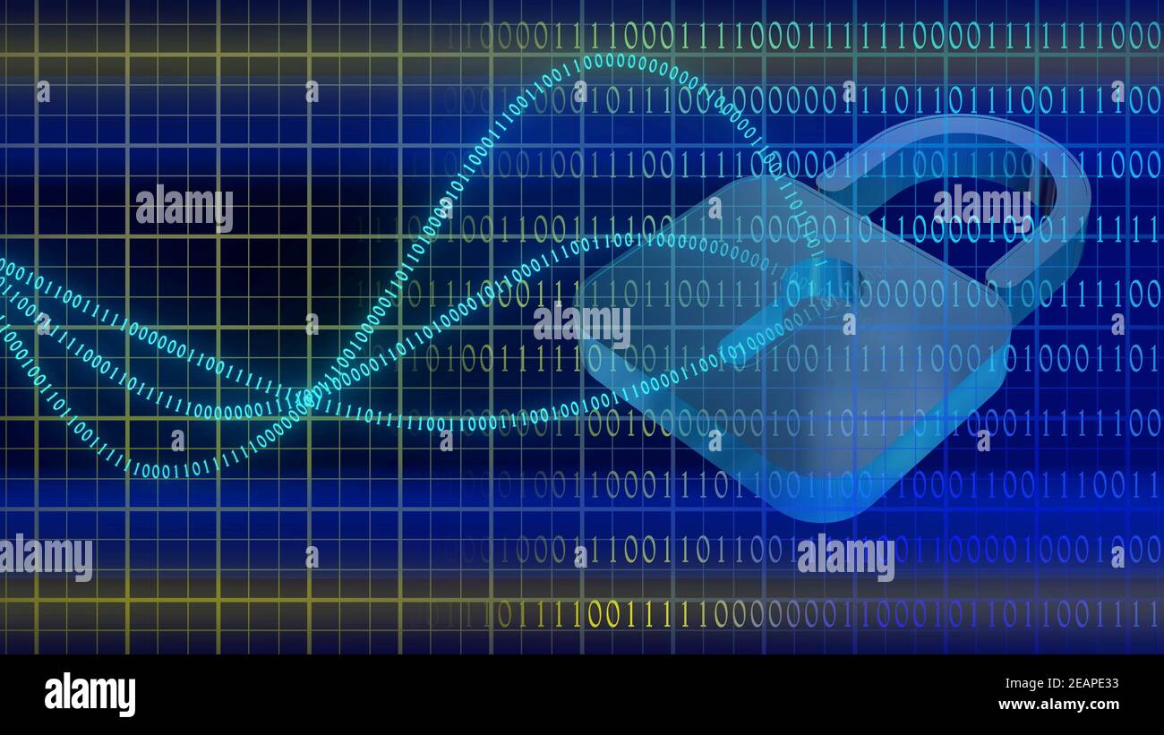 Abstract cyber security concept - graphic elements combined with binary code - blurred closed ...