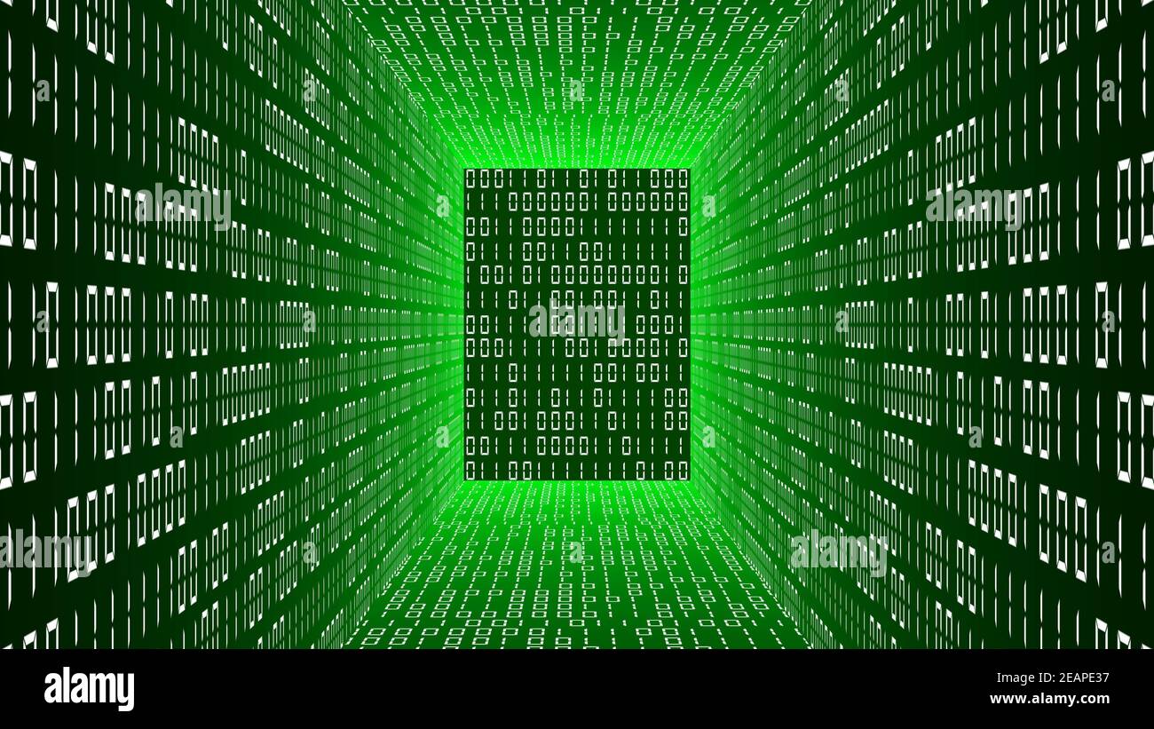 Abstract Data Flow Background Green Glowing Room With Walls Made Of Binary Code Digits Stock