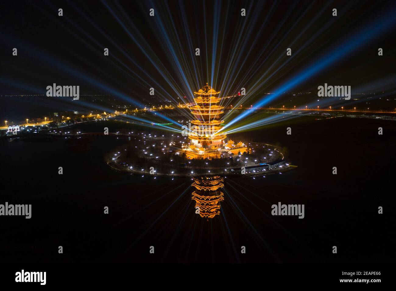 BINZHOU, CHINA - FEBRUARY 9, 2021 - The Yellow River Tower is lit up ...