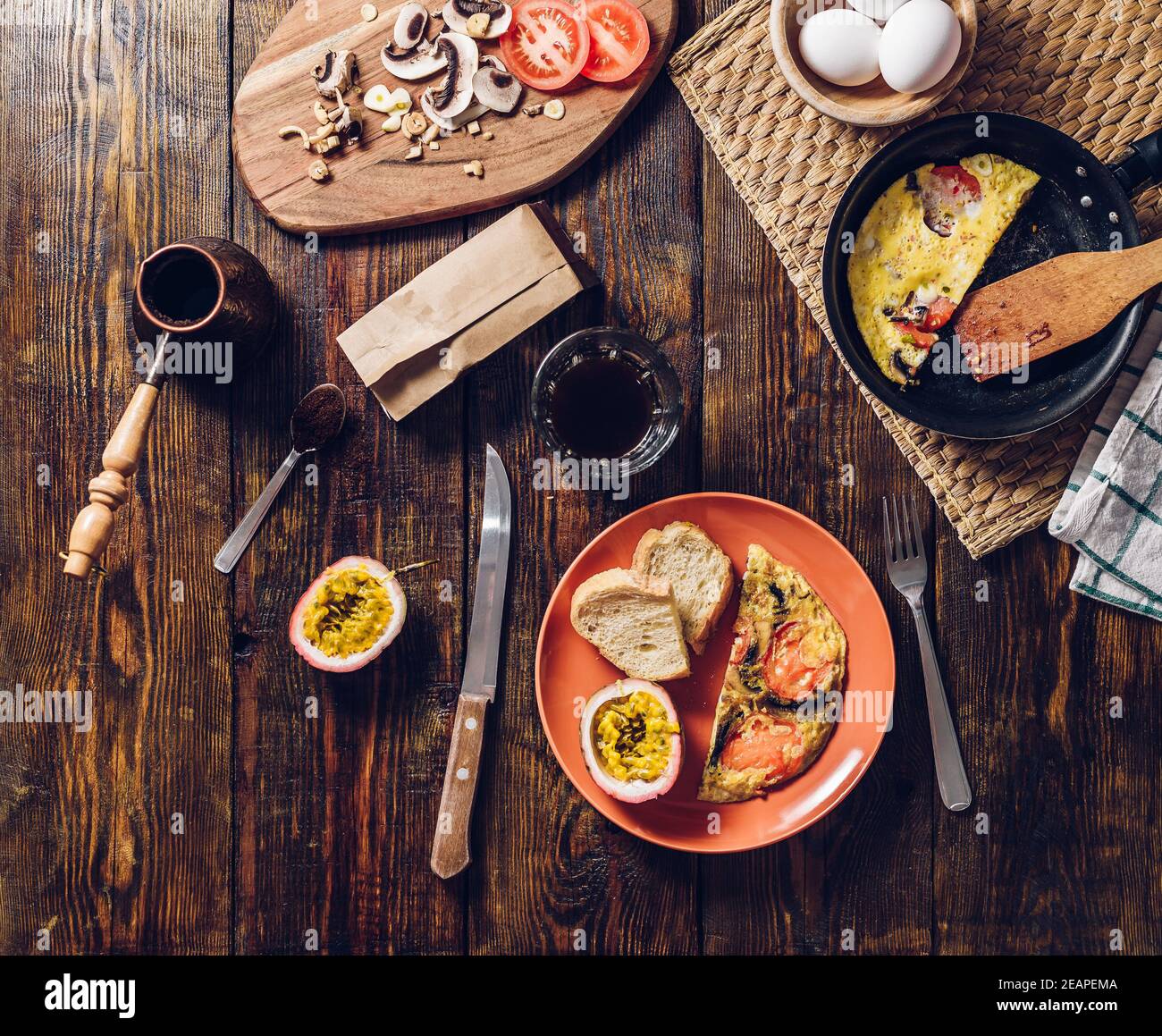 Summer Breakfast with Coffee and Omelette Stock Photo - Alamy