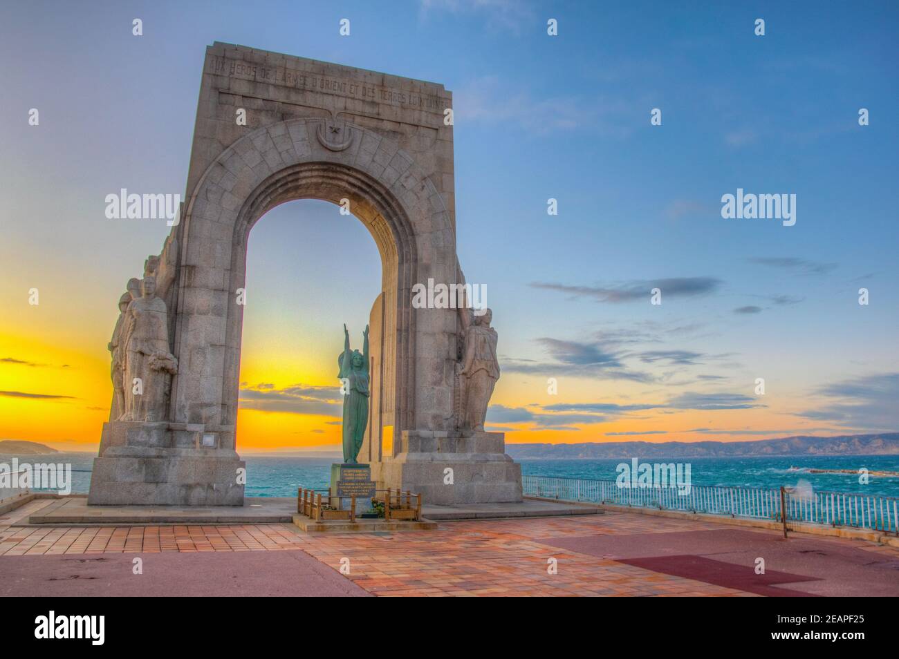 Sunset view la porte de L'orient monument situated at Marseille, France ...