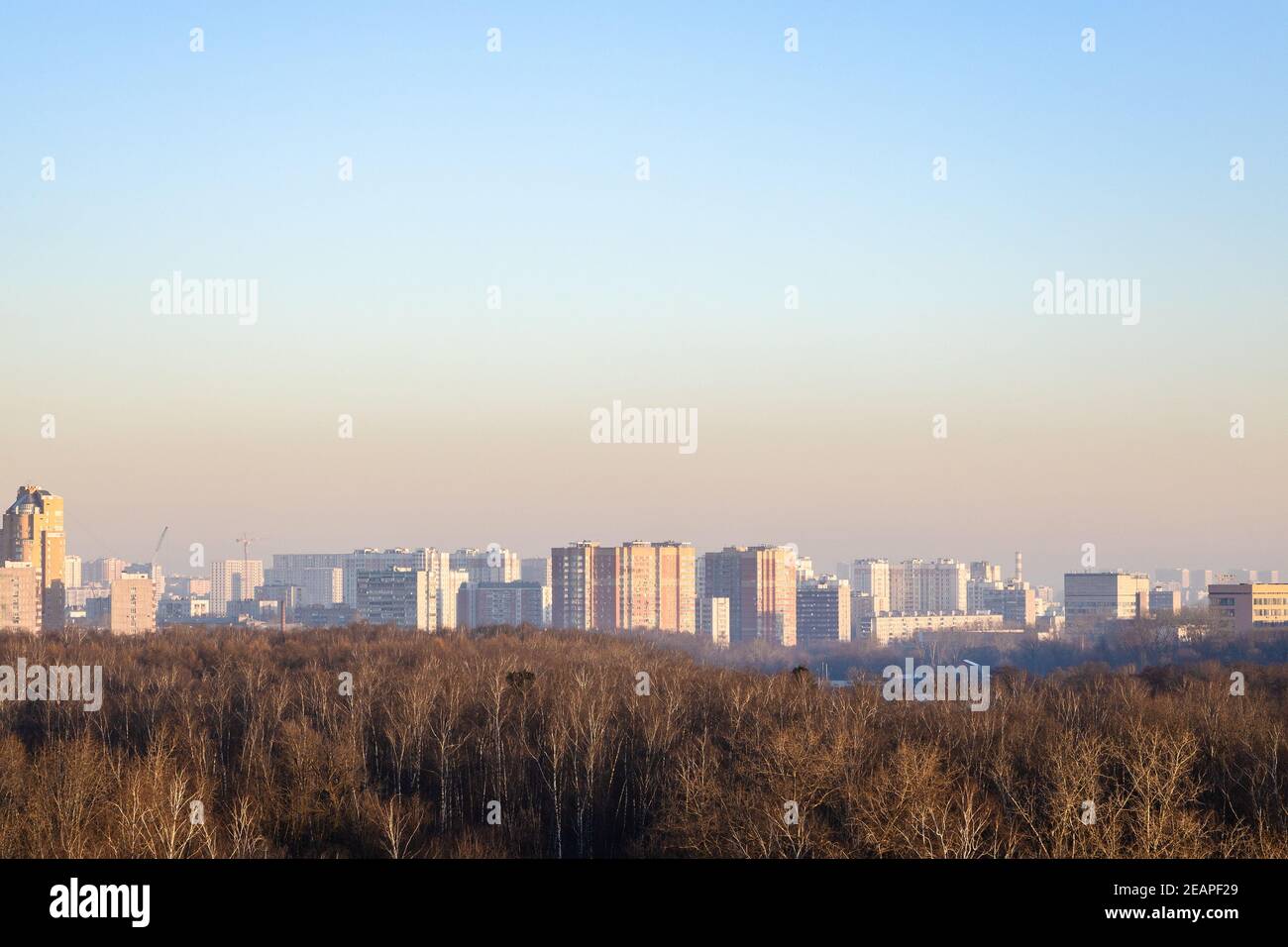 clean blue sunny sky over city lit by pink sunrise Stock Photo - Alamy