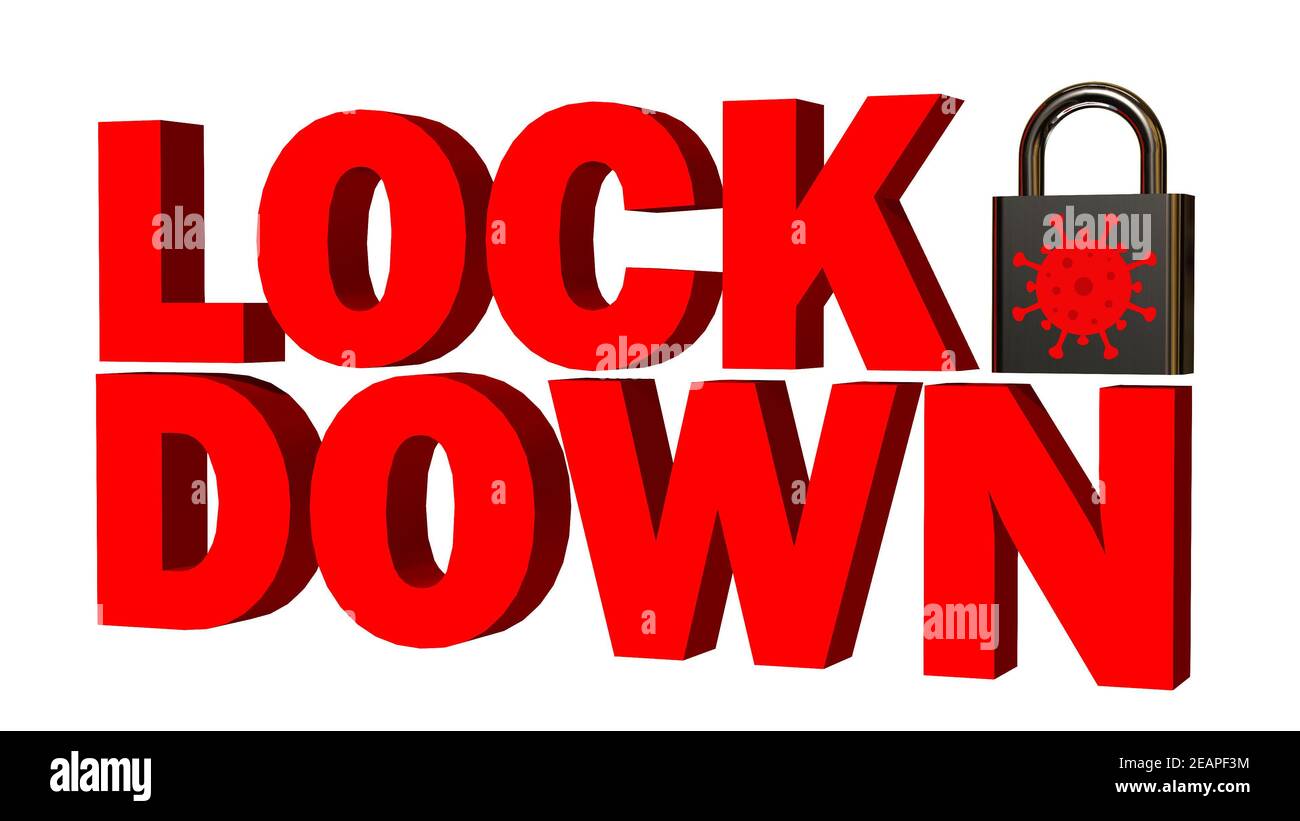 LOCK DOWN - red lettering with black closed padlock including virus ...