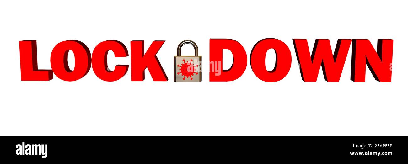 LOCK DOWN - red lettering with closed padlock including virus symbol ...