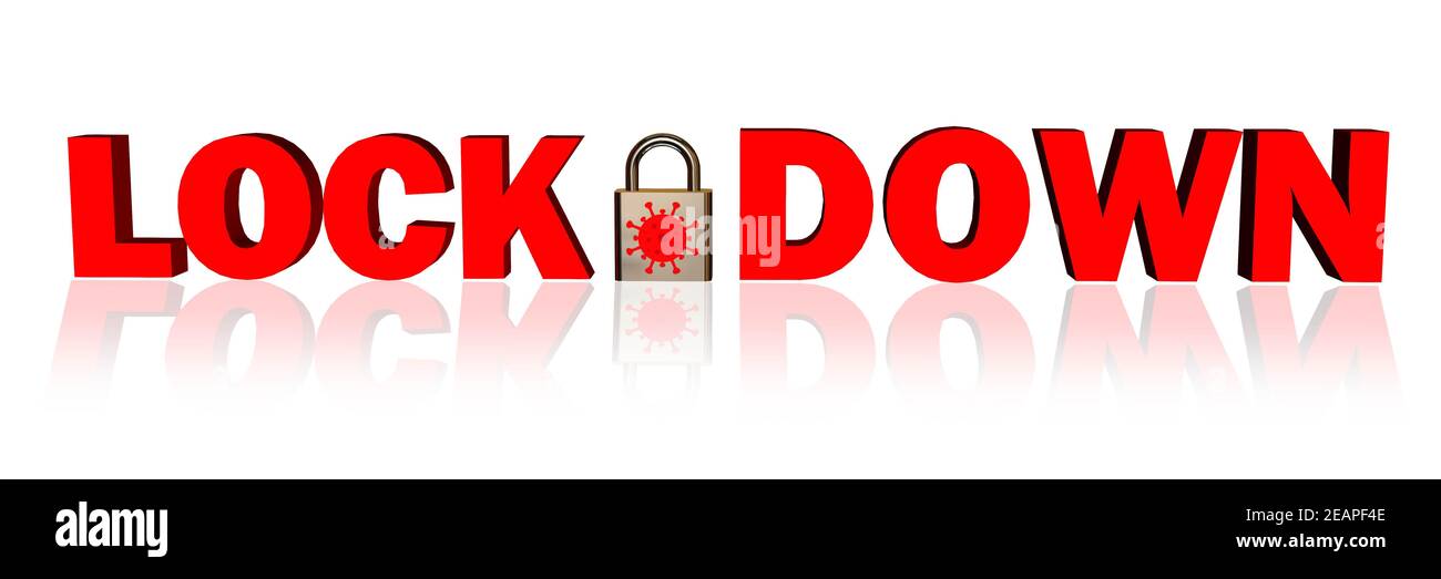 LOCK DOWN - red lettering with closed padlock including virus sign ...