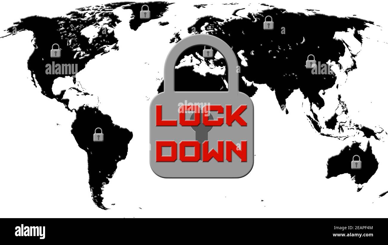 LOCK DOWN concept - red lettering on black world map background with ...