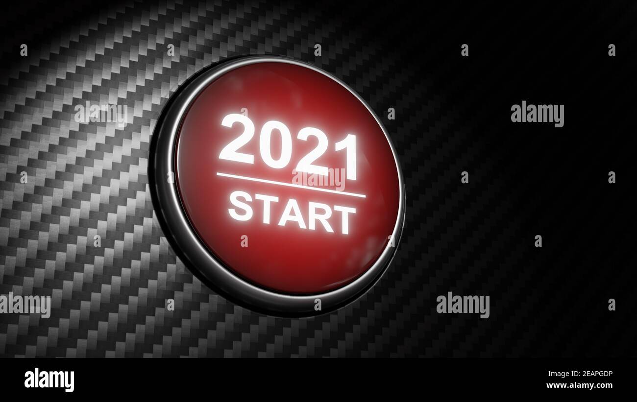 2021 - Press the start button. Concept of the New Year. 3D illustration ...