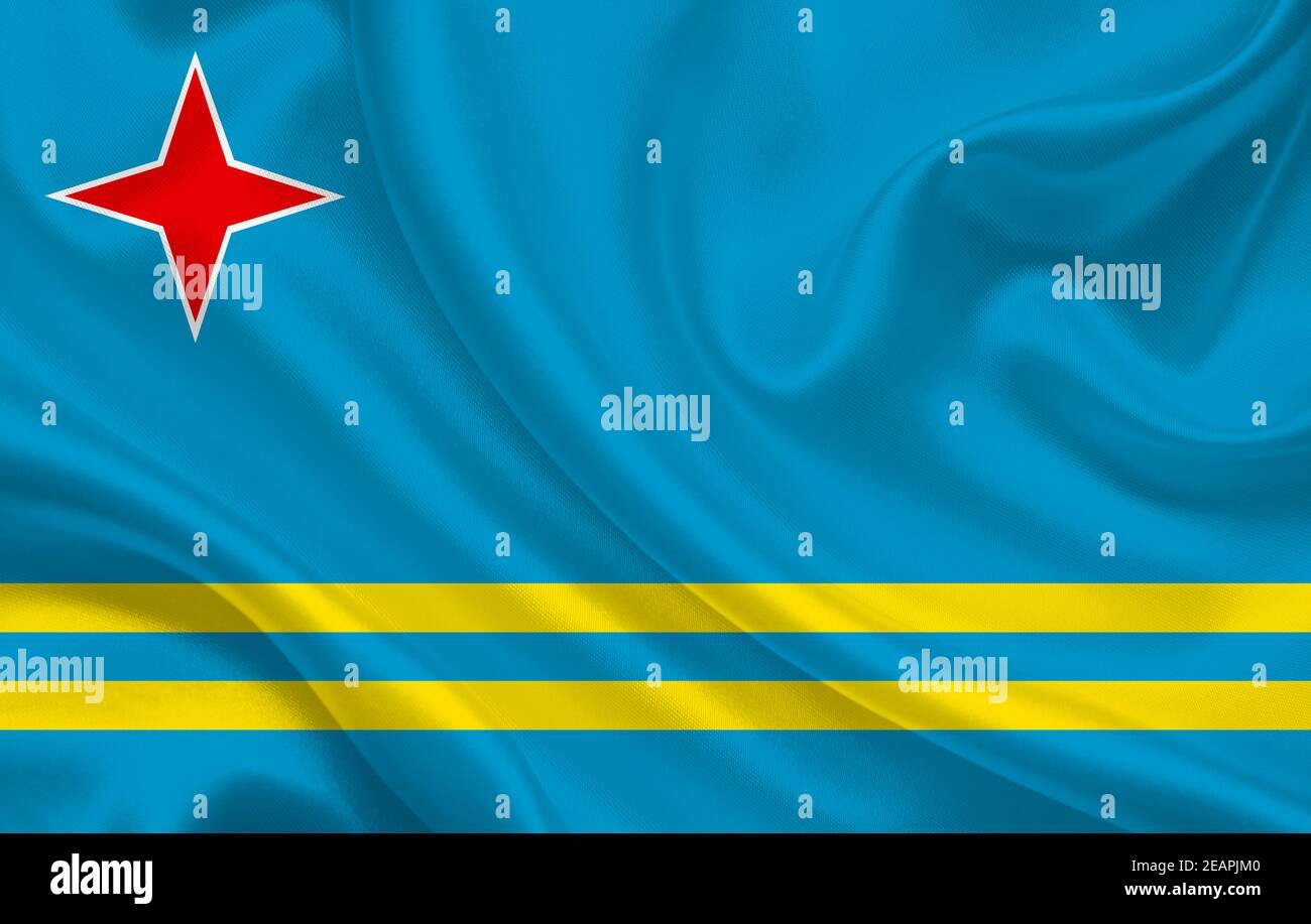 Aruba country flag on wavy silk fabric background panorama Stock Photo ...