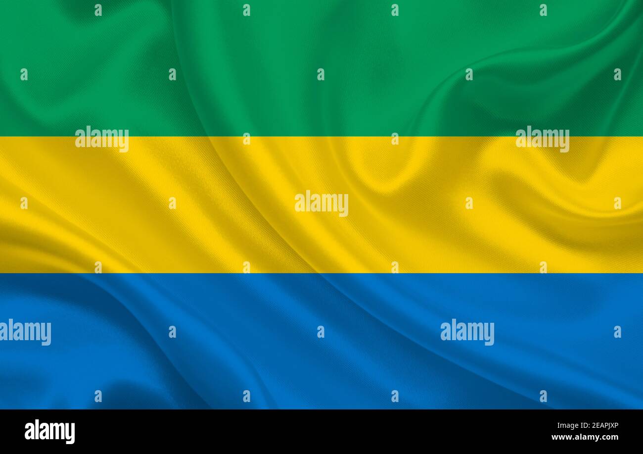 Gabon country flag on wavy silk fabric background panorama Stock Photo ...