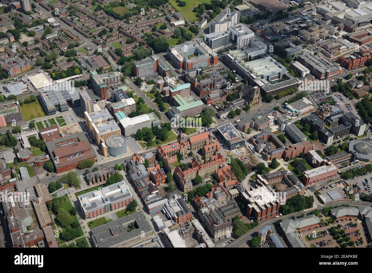 Aerial views of the main campus of The University of Manchester, a ...