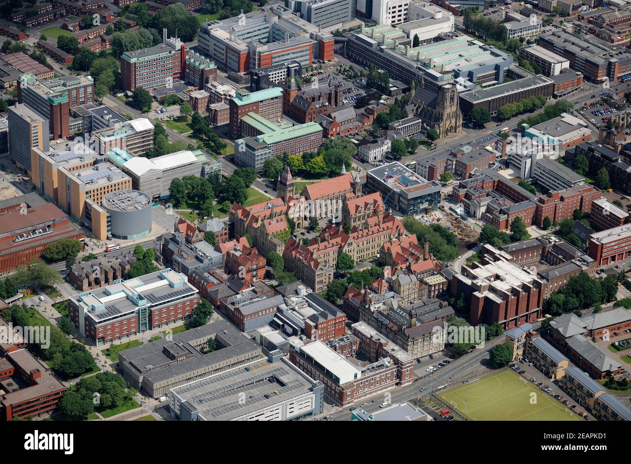 Aerial views of the main campus of The University of Manchester, a ...