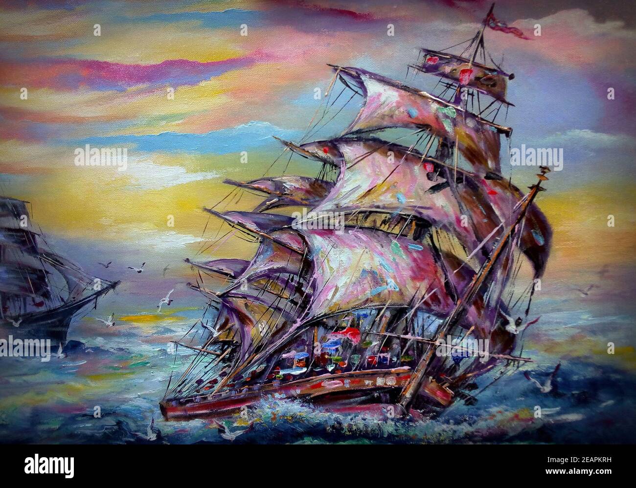 Art, painting ,Oil color, Auspicious, junk ,barque , Thai land Stock ...