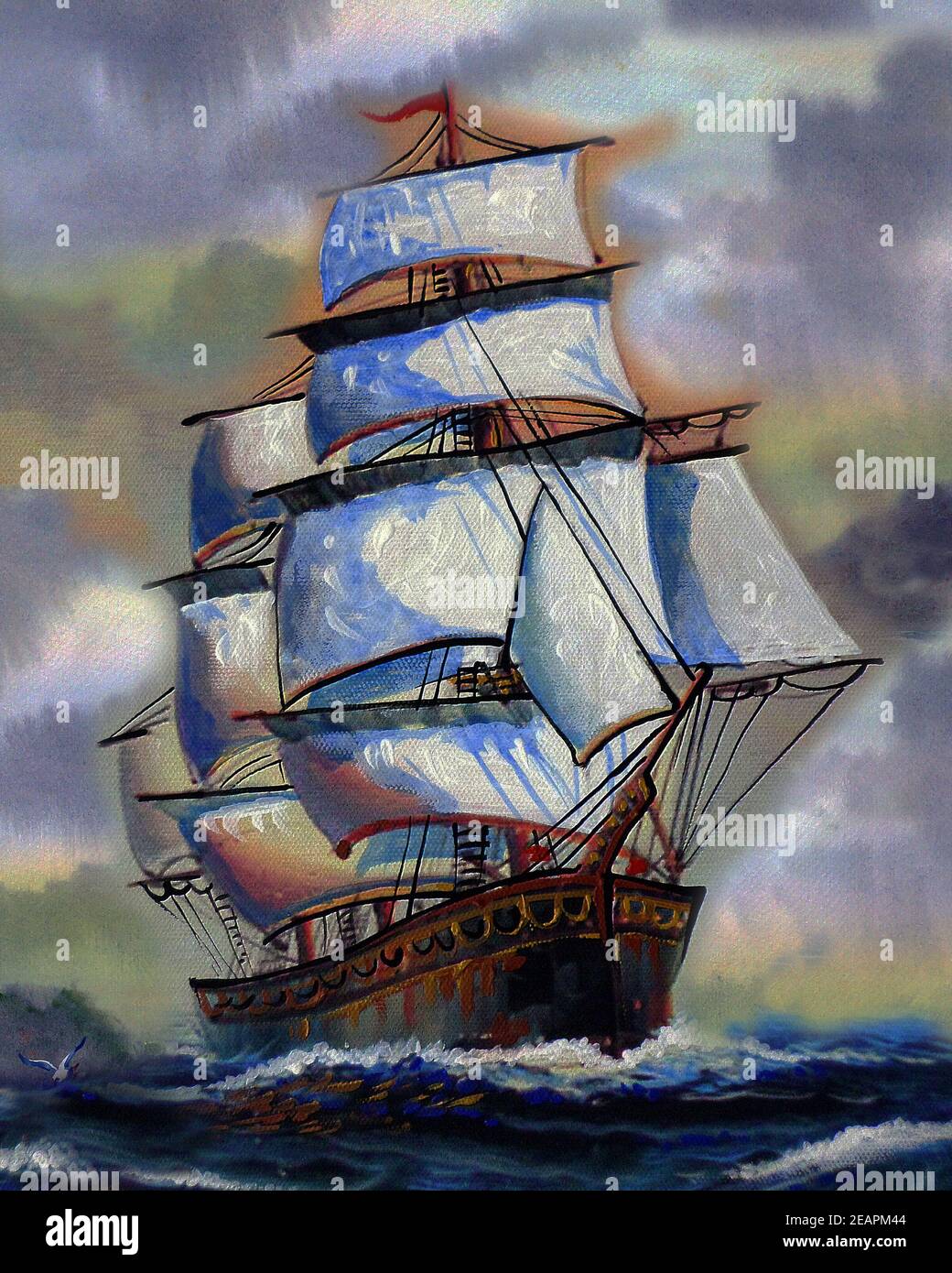 Art, painting ,Oil color, Auspicious, junk ,barque , Thai land Stock ...