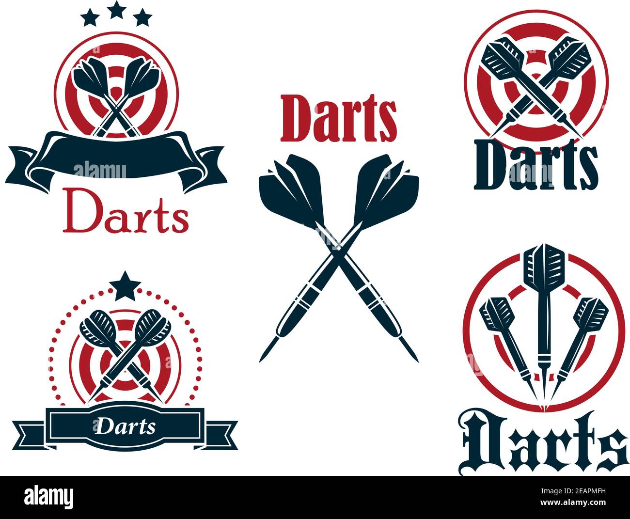Darts sporting icons, emblems or symbols set with arrows, dartboard ...