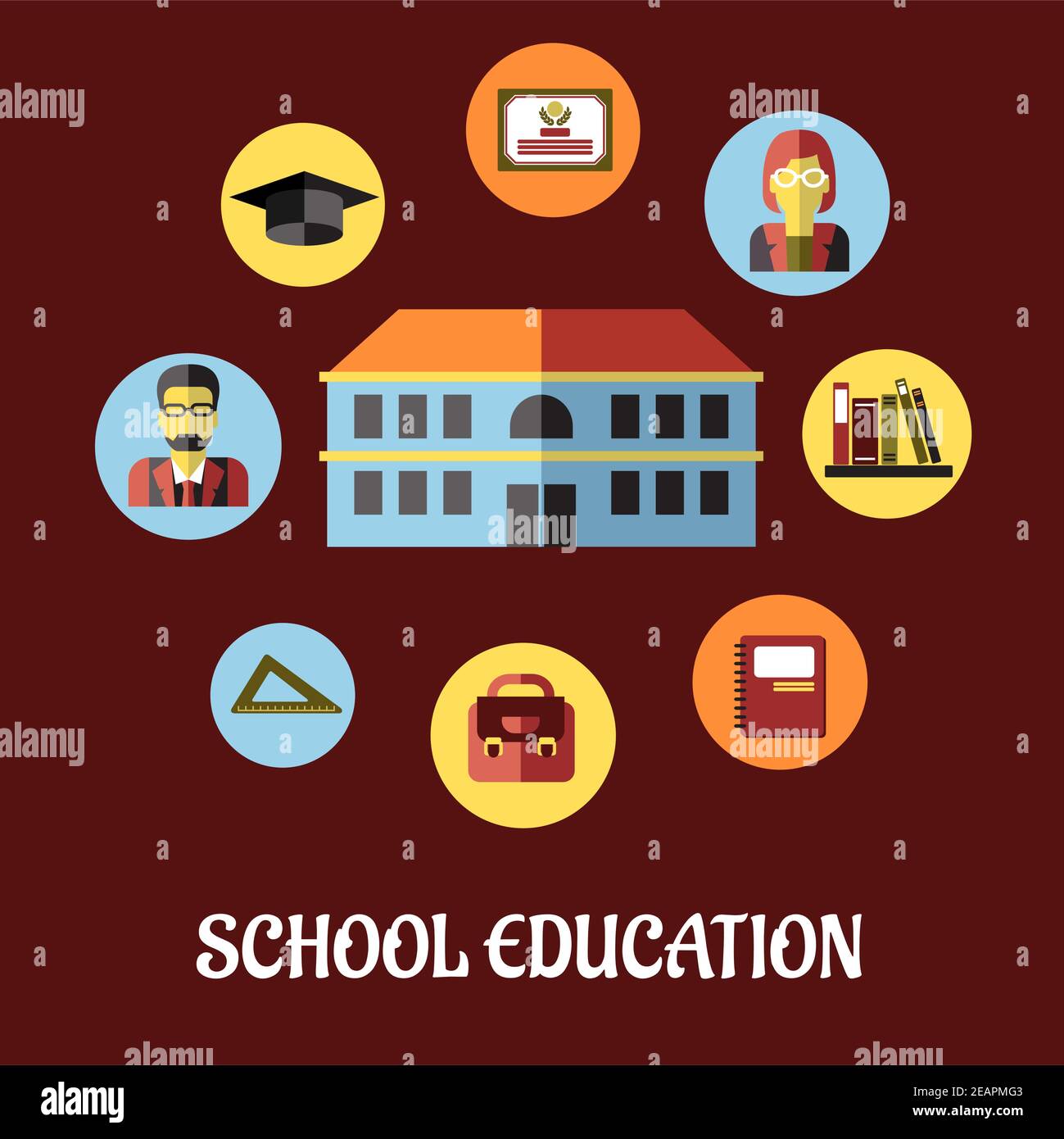 School education vector flat design with a school building surrounded ...
