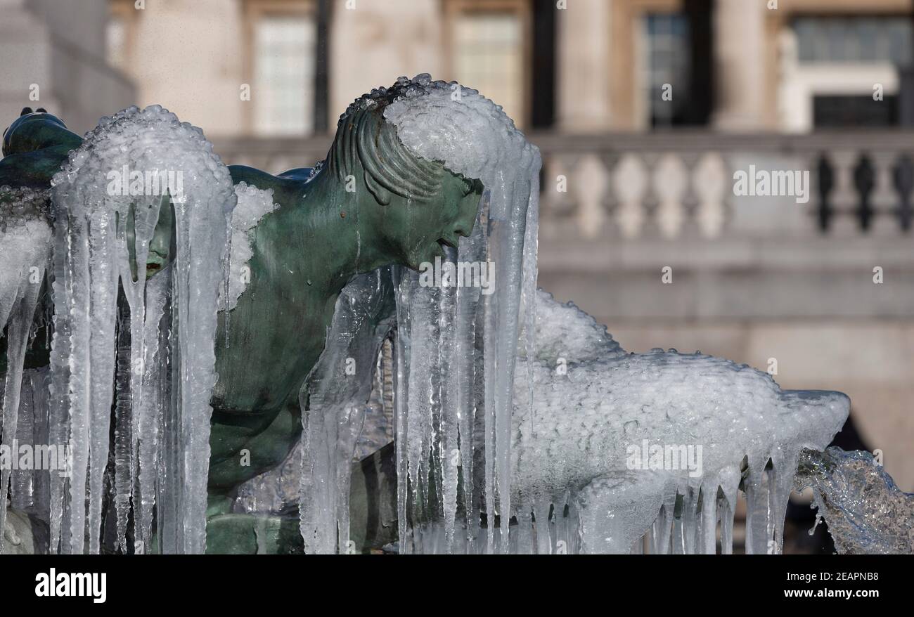 London, UK. 10th Feb, 2021. Photo taken on Feb. 10, 2021 shows icicles ...