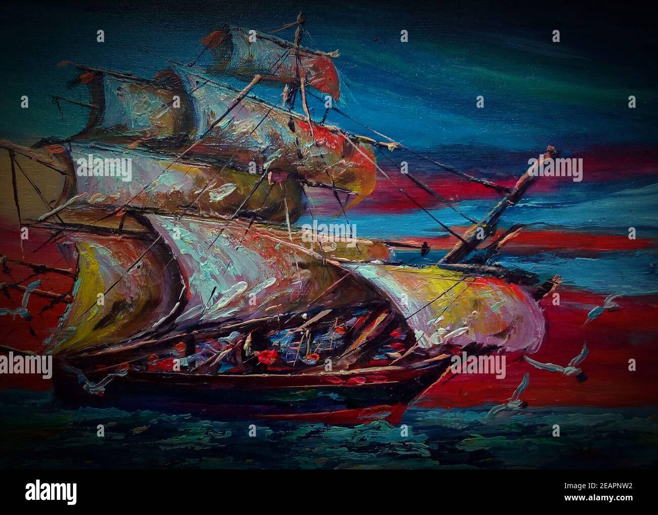 Art, painting ,Oil color, Auspicious, junk ,barque , Thai land Stock ...