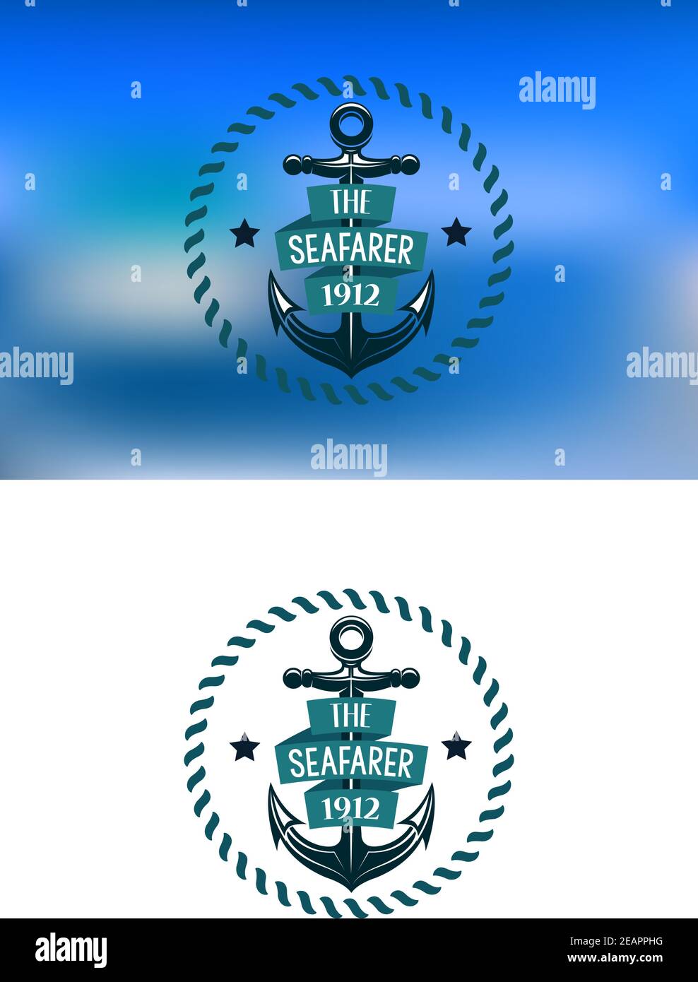 Retro seafarer label with vintage anchor, round rope border, text signs ...