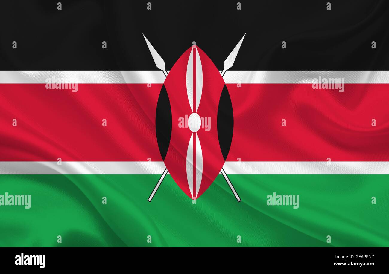Kenya country flag on wavy silk fabric background panorama Stock Photo ...