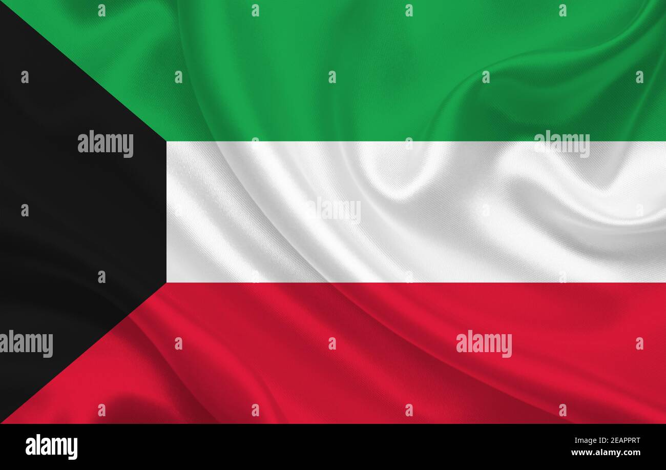 Kuwait country flag on wavy silk fabric background panorama Stock Photo ...
