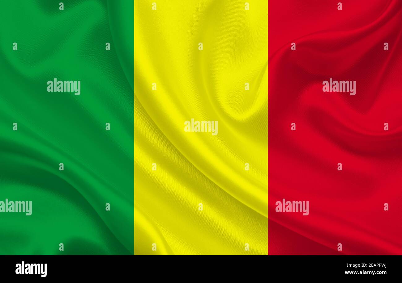 Mali country flag on wavy silk fabric background panorama Stock Photo ...