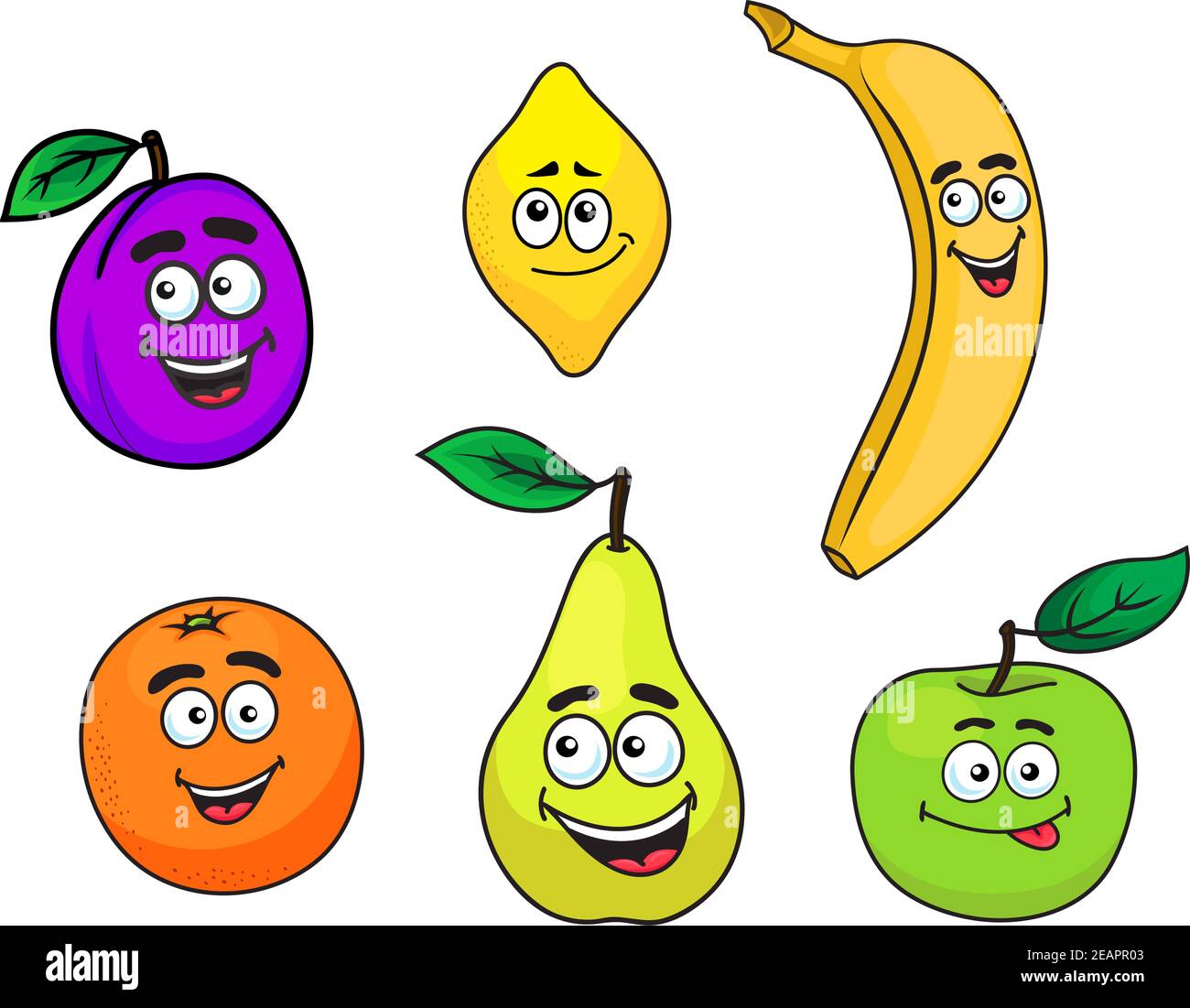 Happy cartoon cute plum, lemon, banana, orange, pear and apple fruit ...