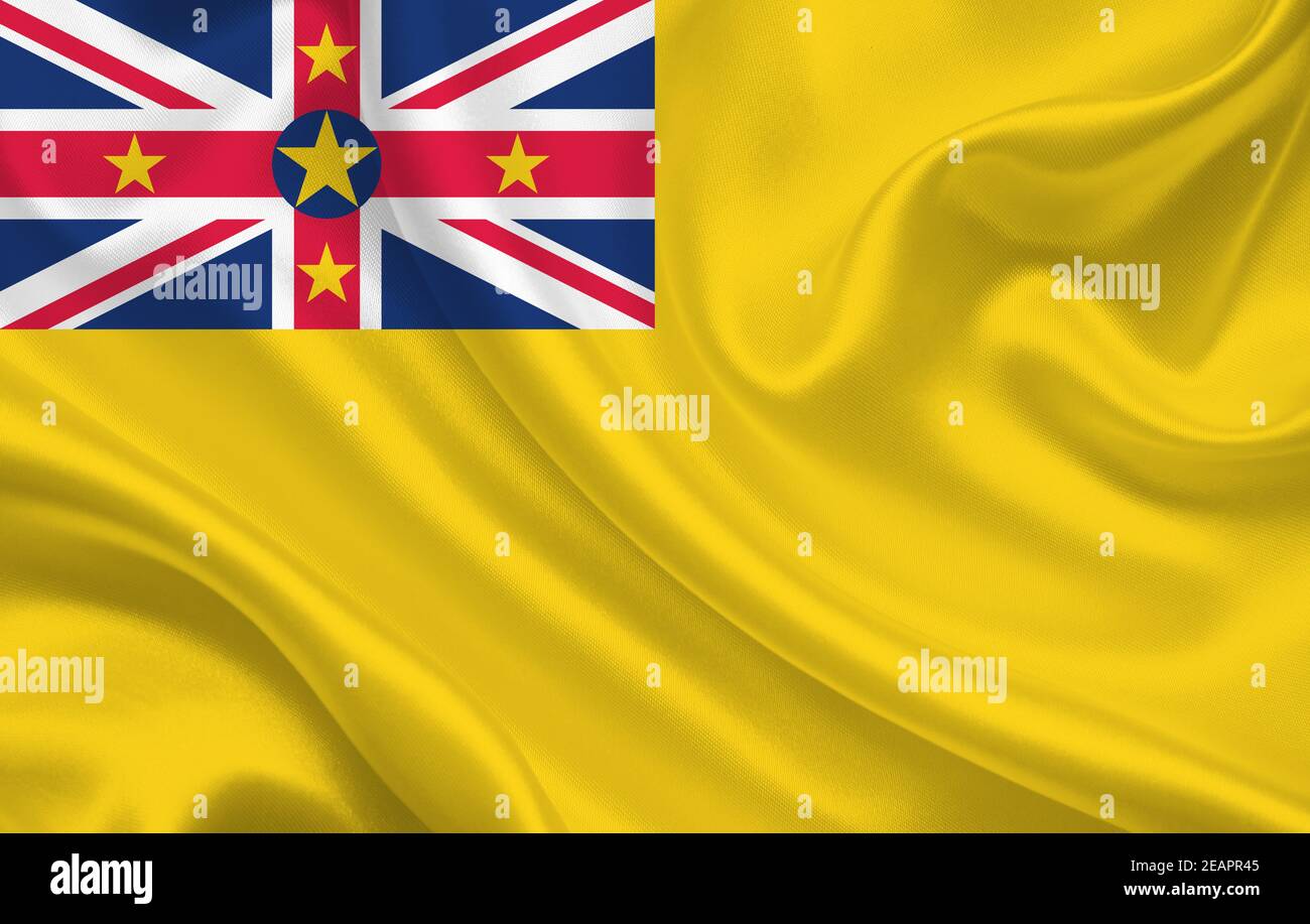 Niue country flag on wavy silk fabric background panorama Stock Photo ...