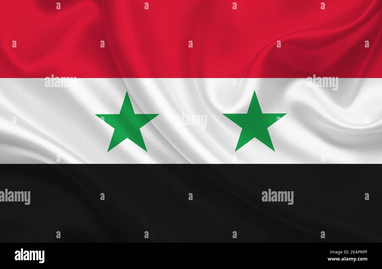 Syria country flag on wavy silk fabric background panorama Stock Photo ...