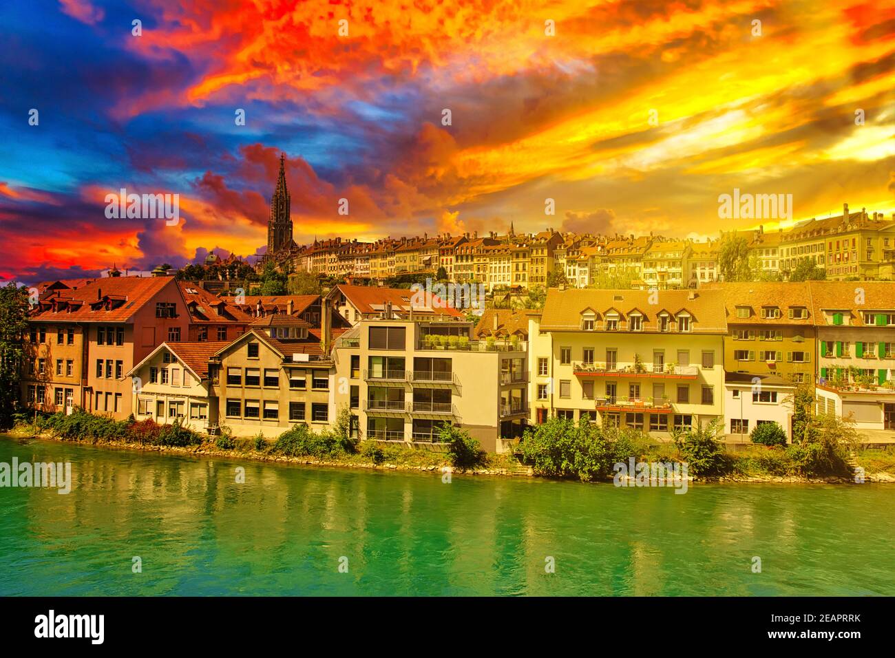 sunset sky cityscape of old town of Bern, Switzerland, with Cathedral ...