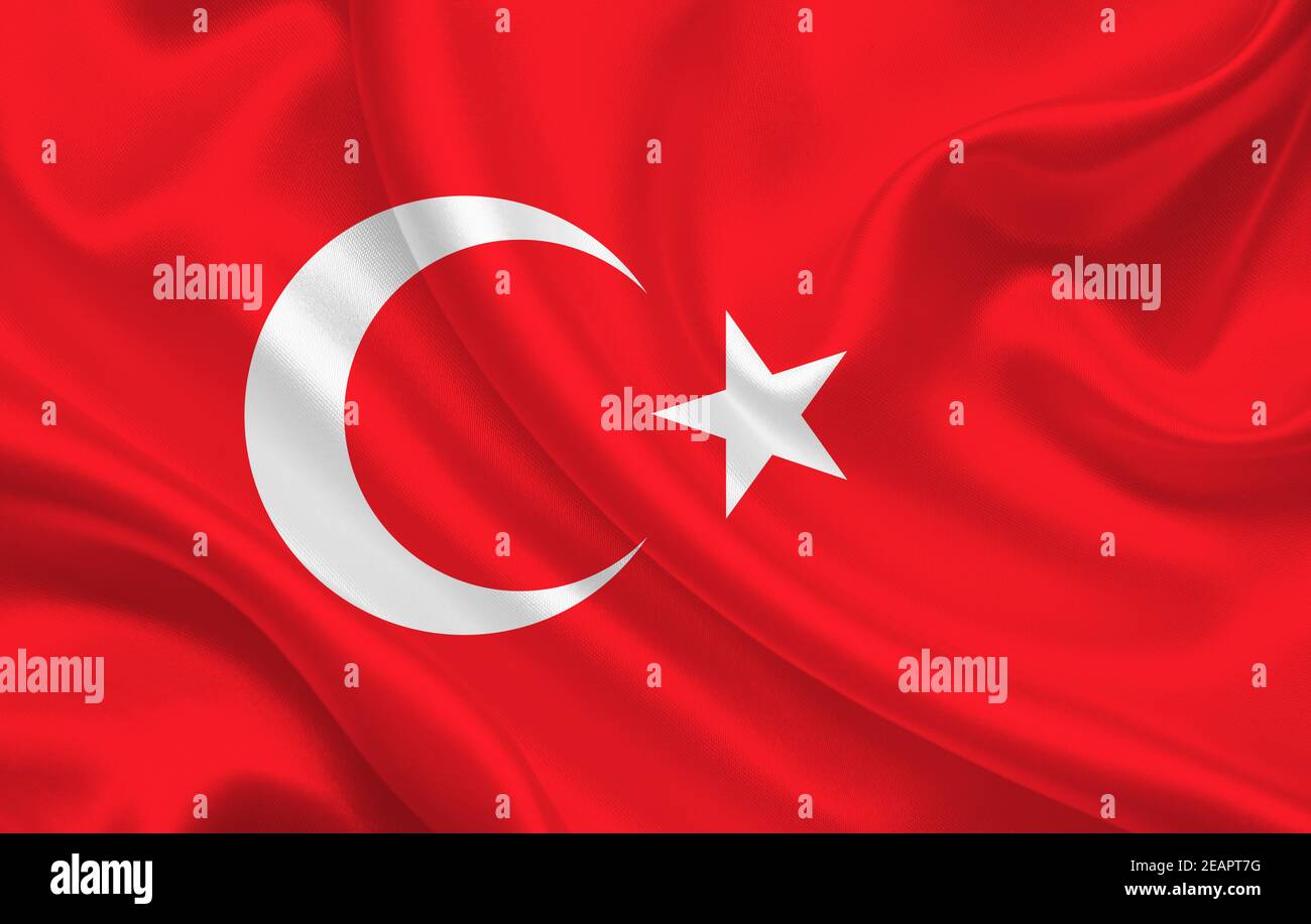 Flag of Turkey country on wavy silk fabric background panorama Stock ...