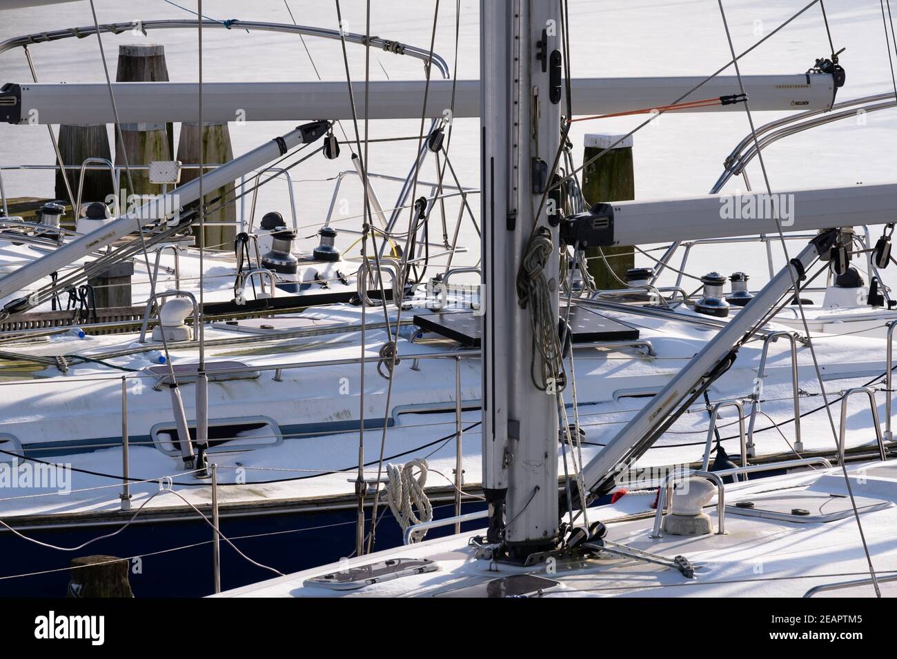 Composition of masts, rigging and ropes of sailing boats, the decks ...