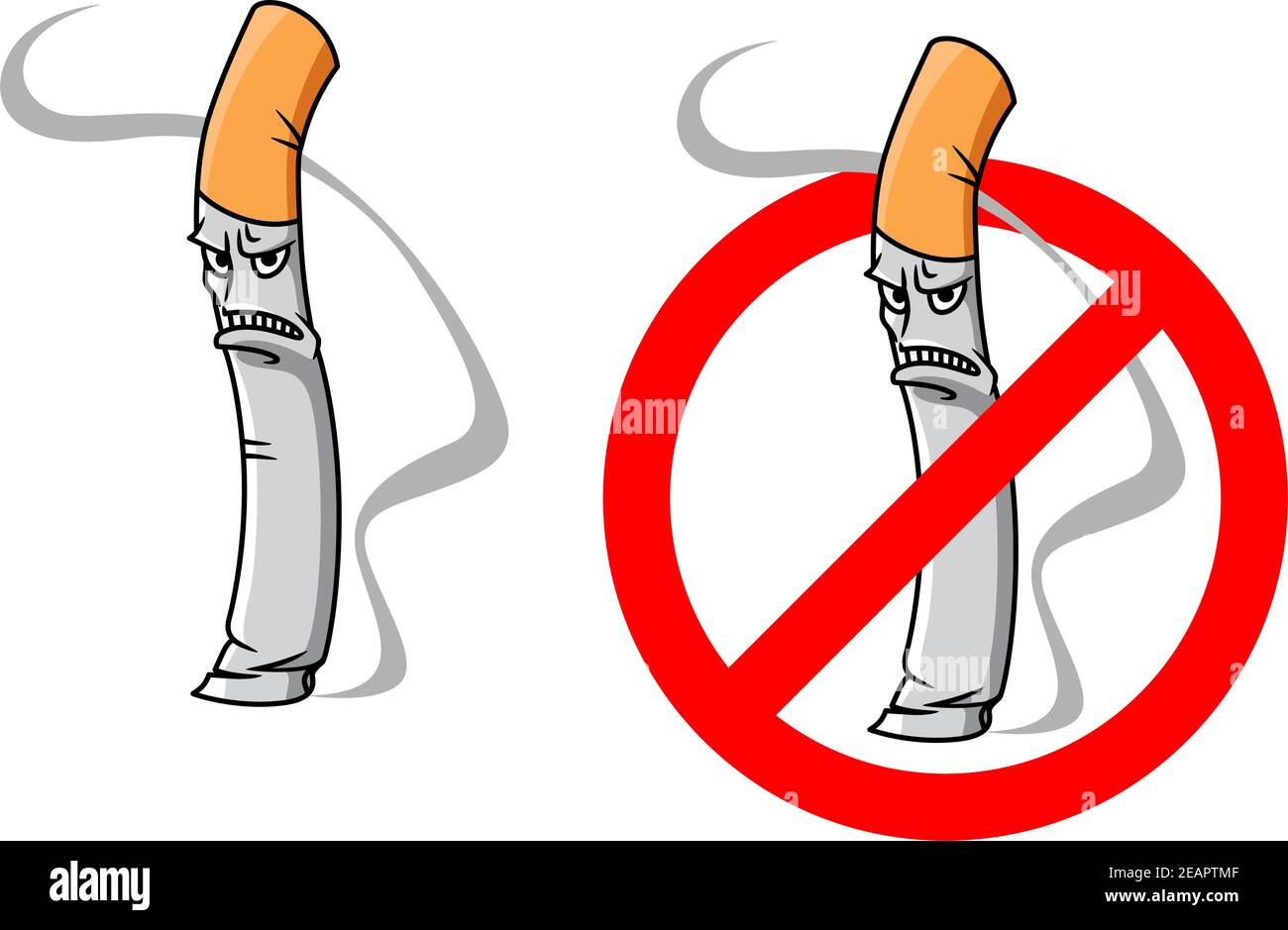 Cartoon unhappy cigarette character with smoke and no smoking sign ...