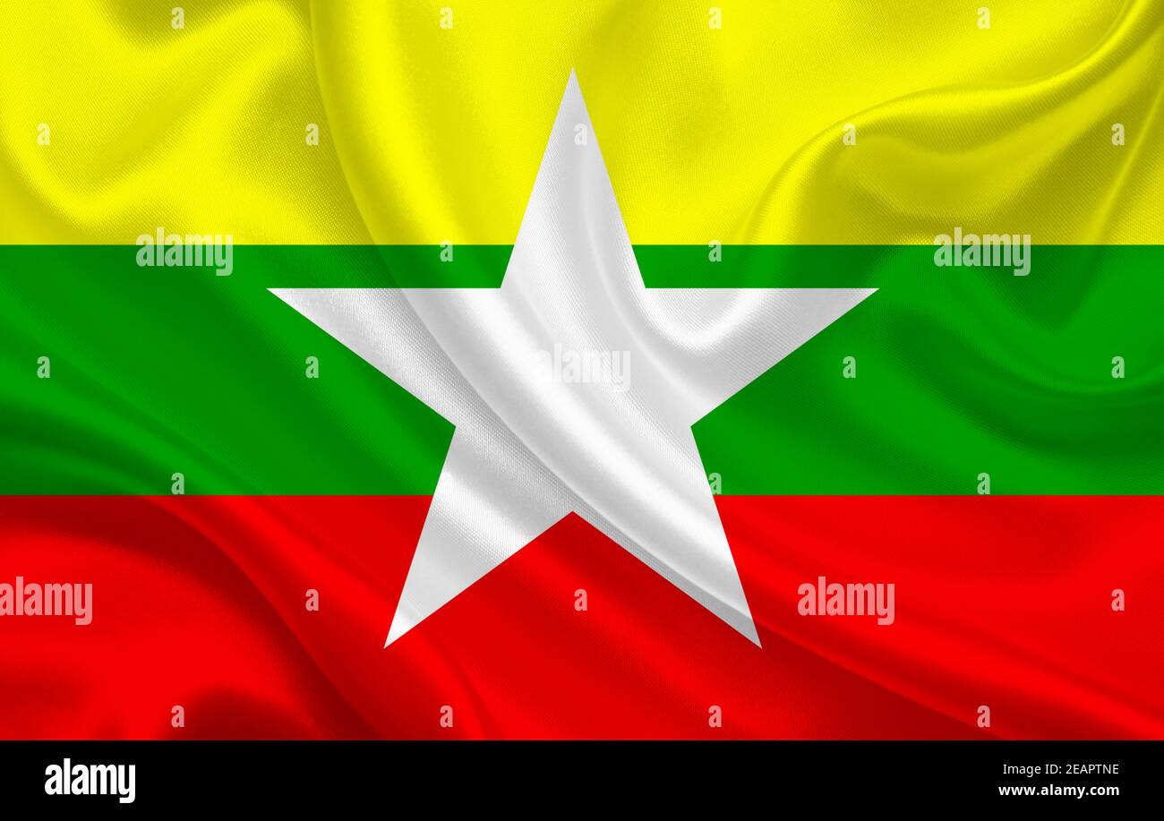Myanmar country flag on wavy silk fabric background panorama Stock ...