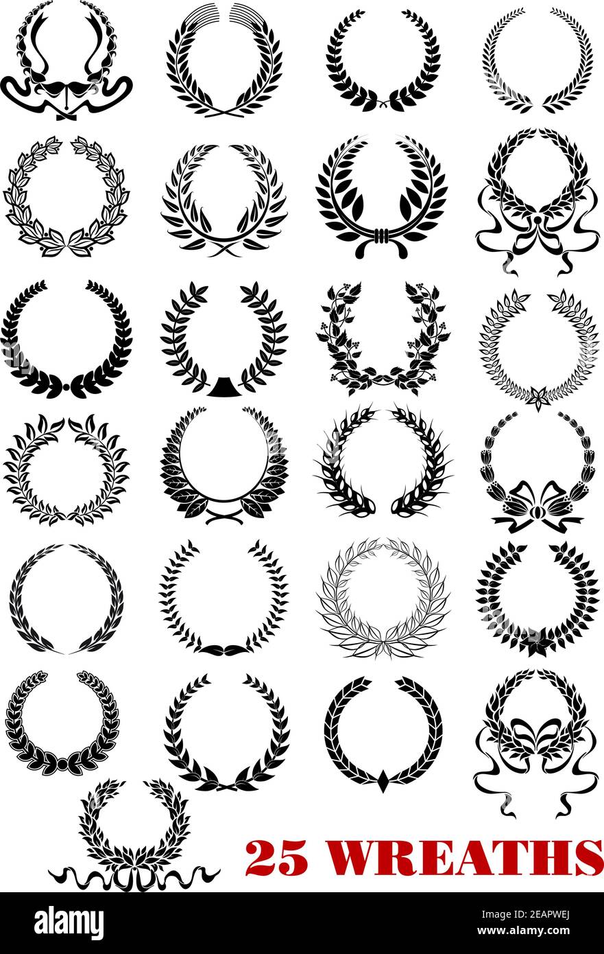 Round laurel wreaths heraldic icons set with ribbons and branches for ...