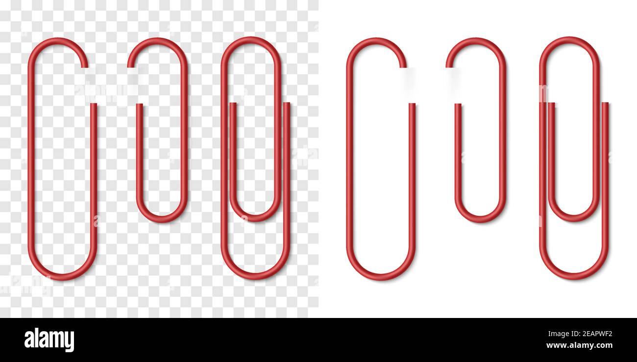 Vector set of red metallic realistic paper clip on white and ...
