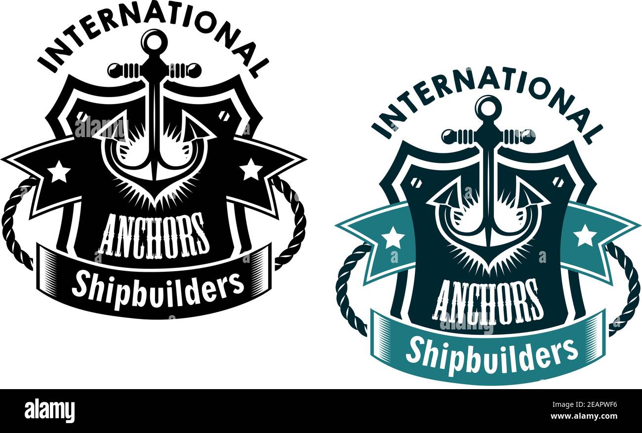 Marine international shipbuilders retro banner with anchor, rope and ...