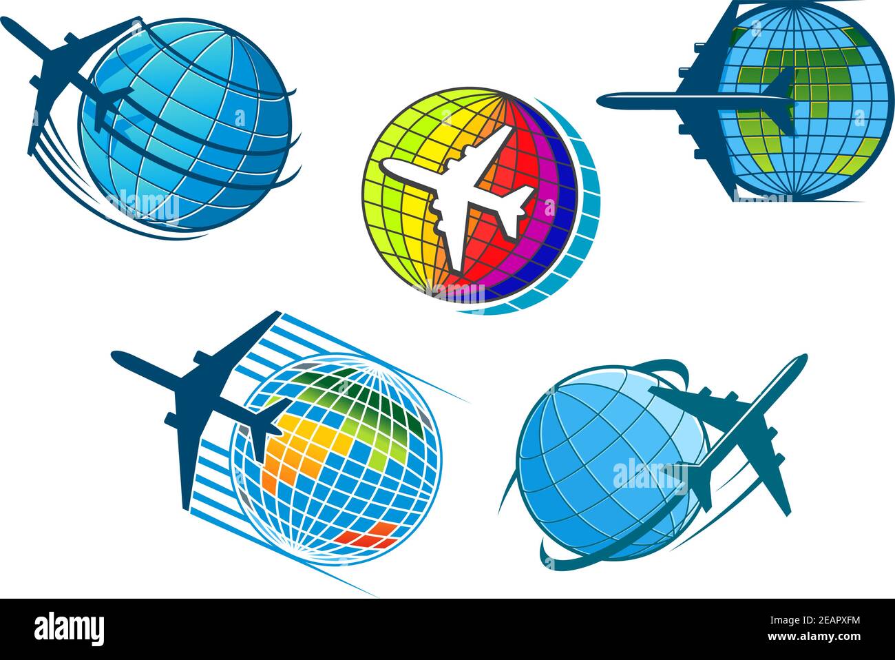 Airplane and air travel icons with five colorful vector designs of ...
