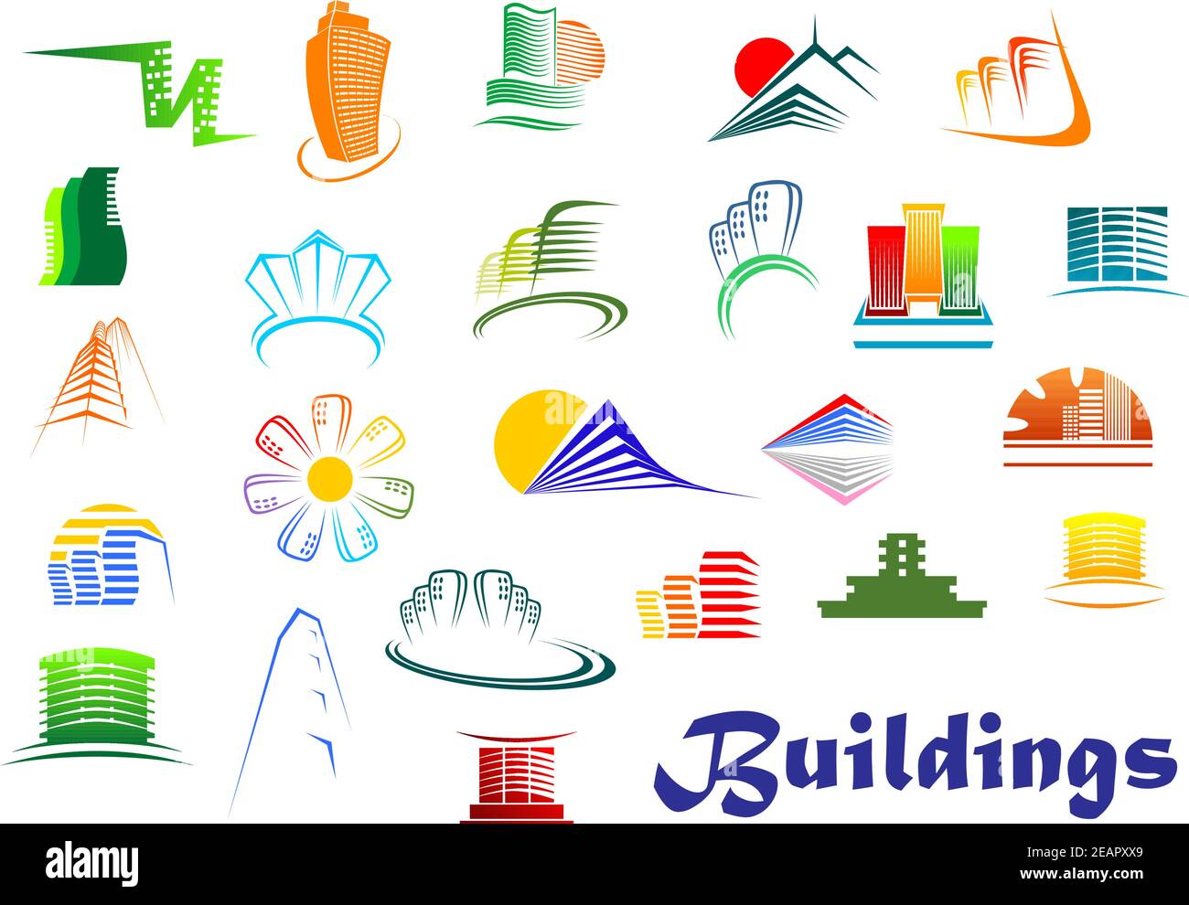 Offices and residential buildings icons in modern style depicting urban ...