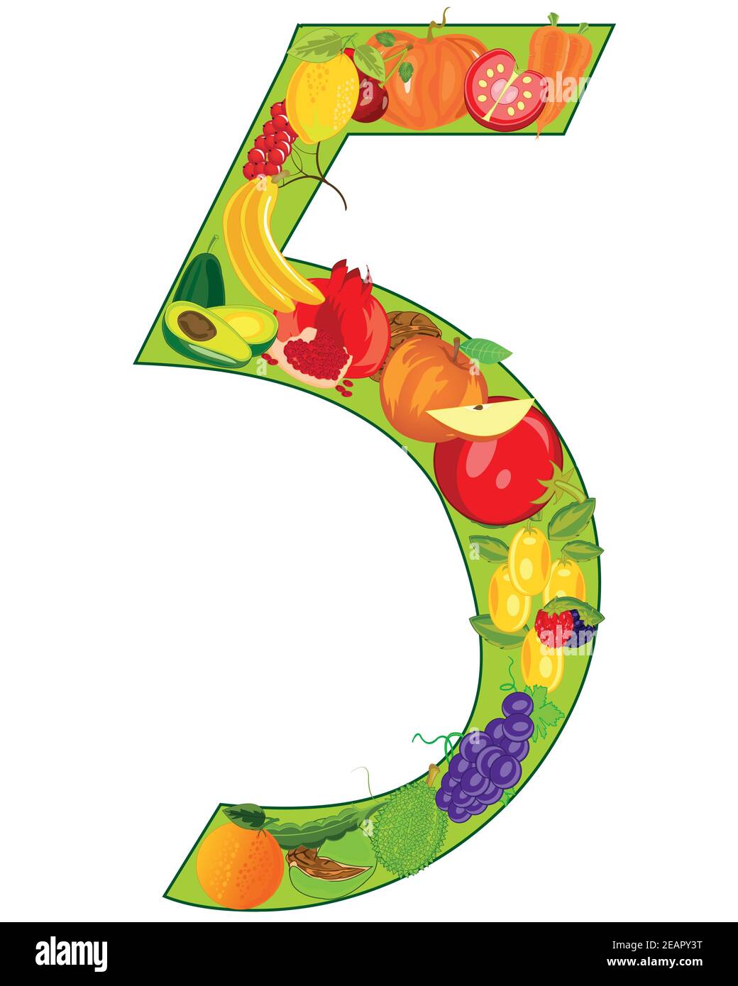Vector illustration of the numeral five from fruit and vegetables Stock ...
