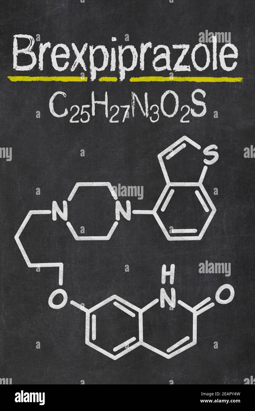 Blackboard with the chemical formula of Brexpiprazole Stock Photo - Alamy