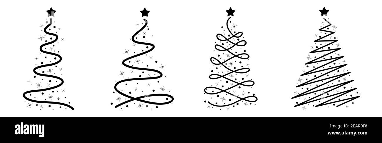 Drawn abstract christmas trees with decorations on white background ...