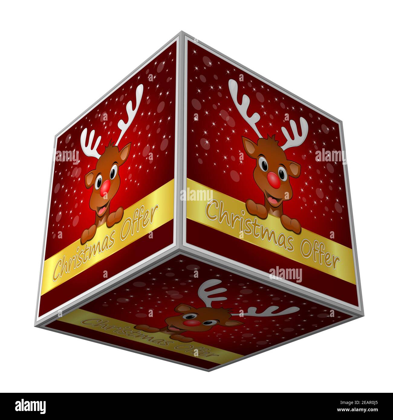 red Christmas Offer Cube with reindeer - 3D illustration Stock Photo ...