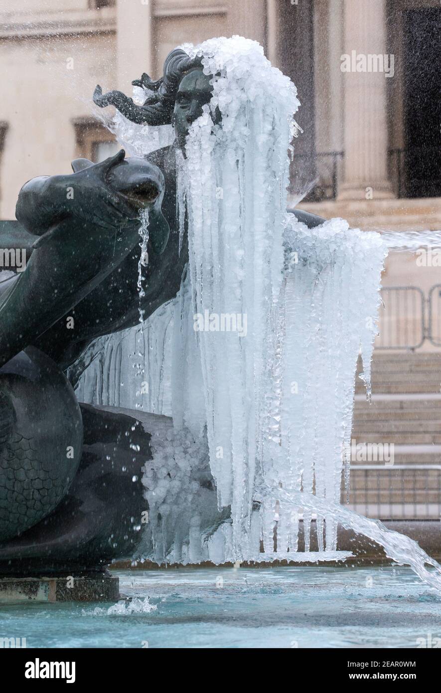 London, UK. 10th Feb, 2021. Icicles have formed on the statues in ...