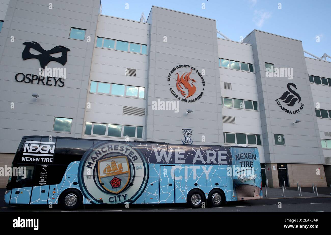 The Manchester City team bus parked outside the ground before the ...