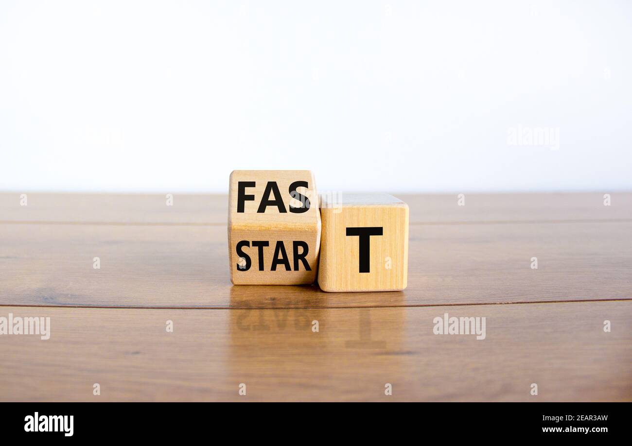 Time to fast start symbol. Turned a wooden cube with words 'fast start ...