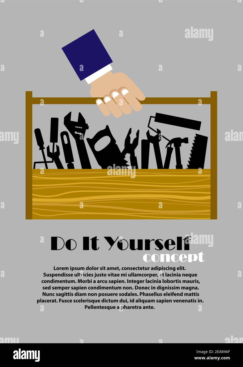 DIY flat poster with set of tools in wooden toolbox being carried by a ...