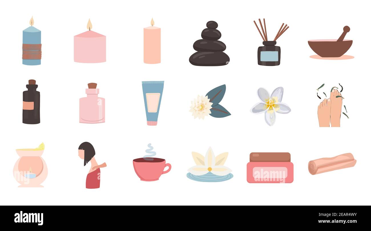 Set of flat vector illustrations of spa service. Items for spa ...